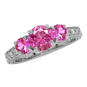 Silvershake Created Pink Tourmaline 925 Sterling Silver 3-Stone Anniversary Engagement Ring for Women Size 6.5