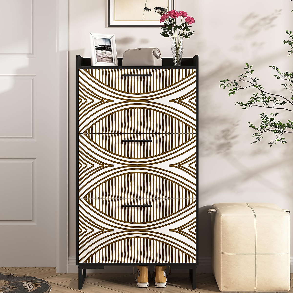 Vibe & Dine Shoe Cabinet with 3 Flip Drawers, Modern Shoe Storage Cabinet with Adjustable Shelves for Entryway Slim, FreeStanding Narrow Shoe Organizer Cabinet with Gold Metal Handle and Legs, Black