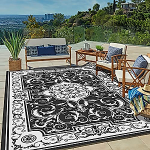 nalone Reversible Mats, Outdoor Rugs 6x9 for Patio, Outdoor Plastic Straw Rug, New York Patio Country Retro Transitional Geometric Outdoor Area Rug for RV, Camping, Deck, Picnic (6'X9', Black&White)