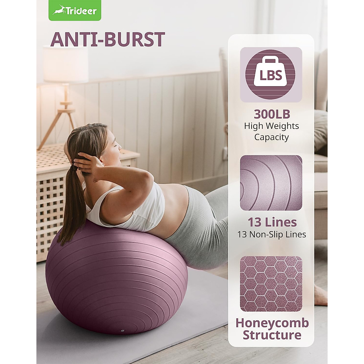 Trideer Yoga Ball - Exercise Ball for Workout pilates Stability - Anti-Burst and Slip Resistant for physical therapy, Birthing, Stretching & Core Workout, Office Ball Chair, Flexible Seating, Home Gym