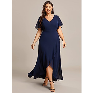 Ever-Pretty Plus Women's V Neck Ruffle Hem Short Sleeves A-line Plus Size Wedding Guest Dress Navy Blue US20