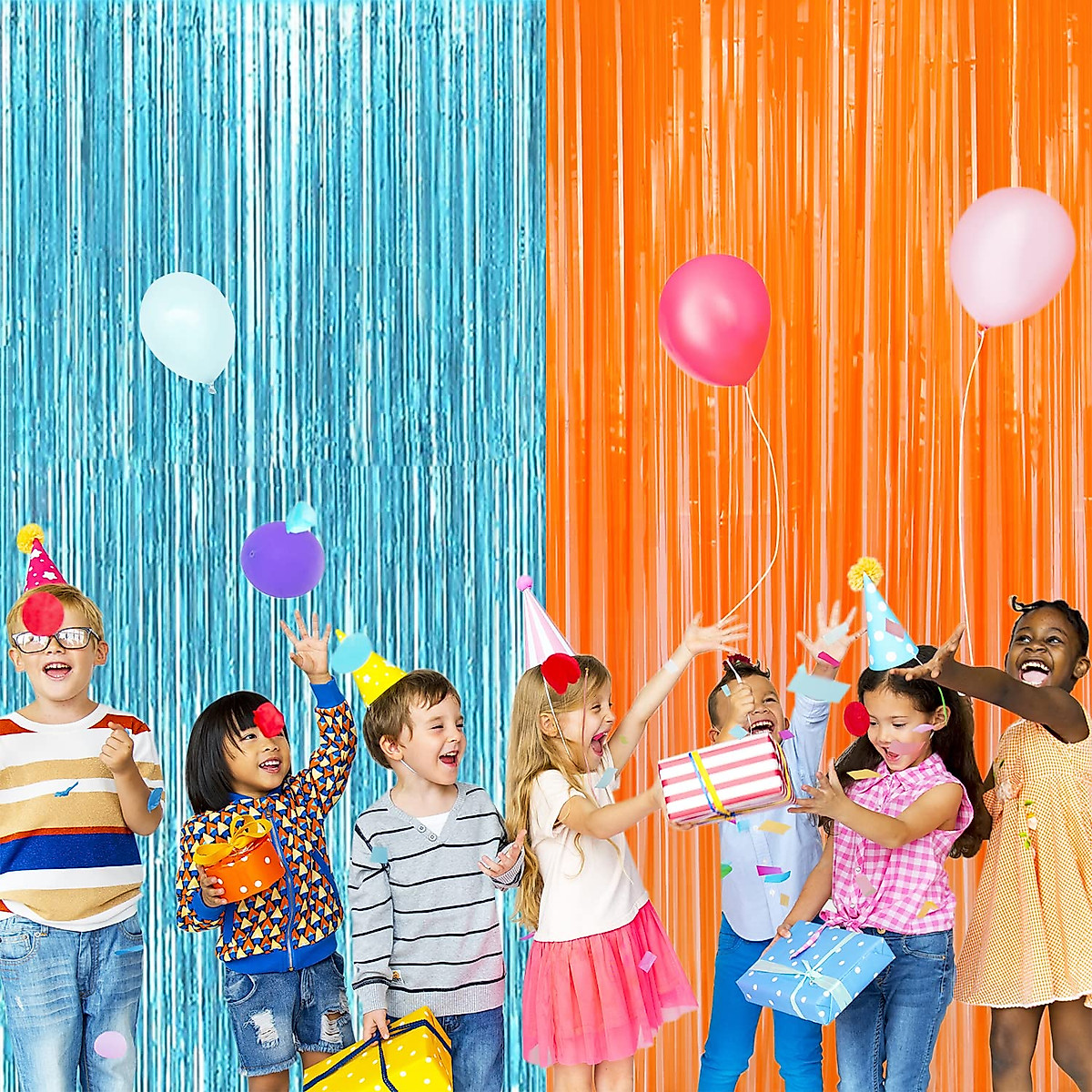 MIKIMIQI 2 Pack Blue Orange Foil Metallic Fringe Curtains for Party Decorations Blue Orange Curtain Backdrop Streamer for Birthday Party Dart War Party Supplies Party Decors, 3.25ft x 6.5ft x 2pcs