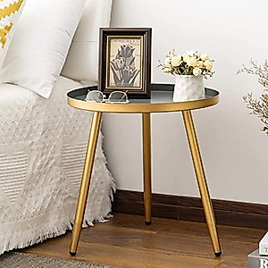 AOJEZOR Round End Table Ideal for Any Room, Metal Structure Side Tables Great For Living Room, Bedroom, Indoor, Outdoor, Matte Gray Tray with 3 Gold Legs Accent