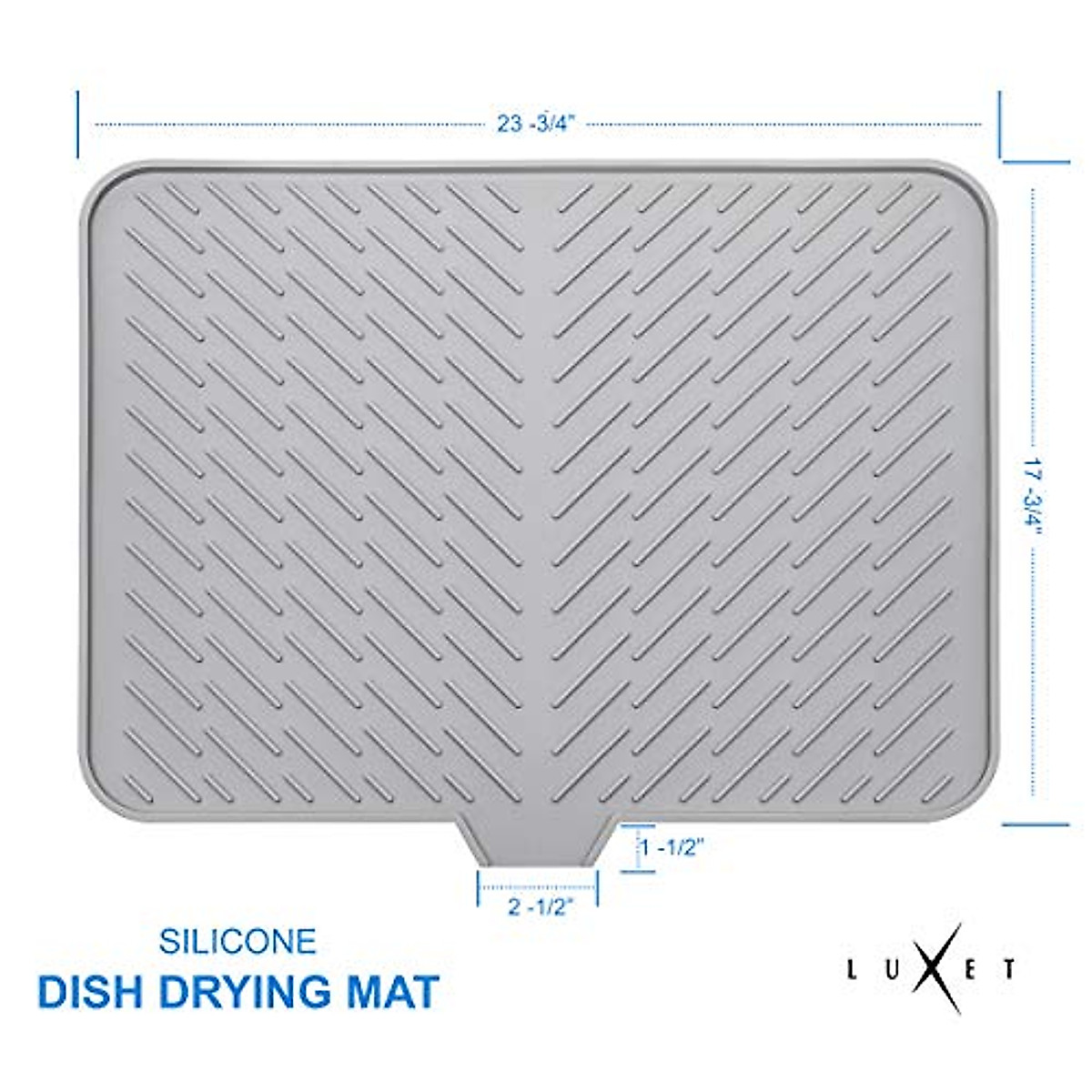 Luxet Silicone Dish Drying Mat with Built-in Drain Lip - Hygienic Drying Pad - Sturdy Compact Easy to Clean Tray Protects Surfaces Prevents Water Build Up - 23 X 17 (Grey)