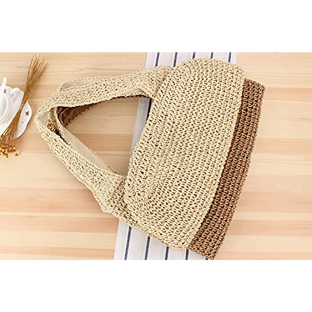 Naimo Women Straw Bag Woven Fishing Net Tote Handbag Rattan Shoulder Bag Weaving Straw Travel Beach Bag