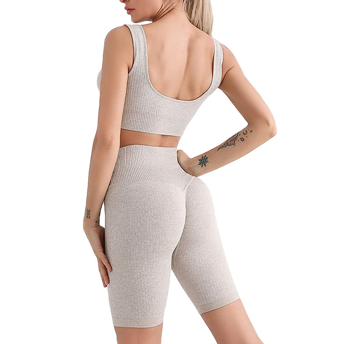 SUPJADE Buscando Ribbed Workout Outfits Sets for Women 2 Piece Seamless High Waist Athletic Leggings +Bras Yoga Outfits Two Piece (Light Purple, Large)