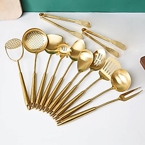 Gold Kitchen Utensils Set, 12 PCS Brass Matte Serving Utensils Set, 304 Stainless Steel All Metal Cooking Utensil - Potato Masher, Tongs, Spatula, Meat Fork, Ladle, Skimmer Spoon, Spaghetti Spoon Set