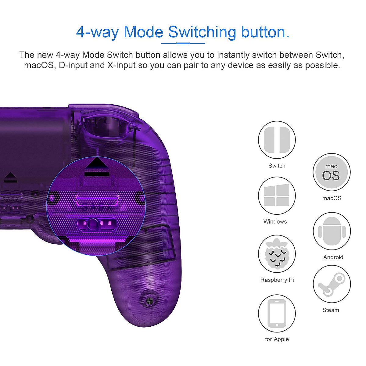 AKNES 8BitDo Pro 2 Bluetooth Wireless Controller for Switch/Switch OLED with Joycon Thumb Grip Caps - Gamepads for Steam Deck, MacOS, iOS, PC, Android & Raspberry Pi (Clear/Transparent Purple)