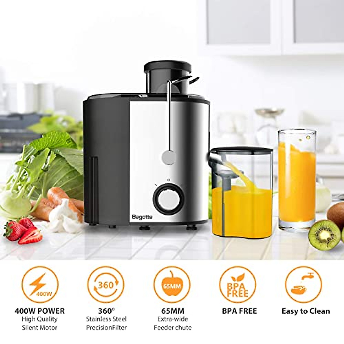 Juicer, Bagotte Centrifugal Juicer, 65mm Wide Feed Chute Juicer Machines for Whole Fruit and Vegetable, High Juice Yield Dual-Speed Juice Extractor with 304 Stainless Steel, BPA-Free, Easy to Clean