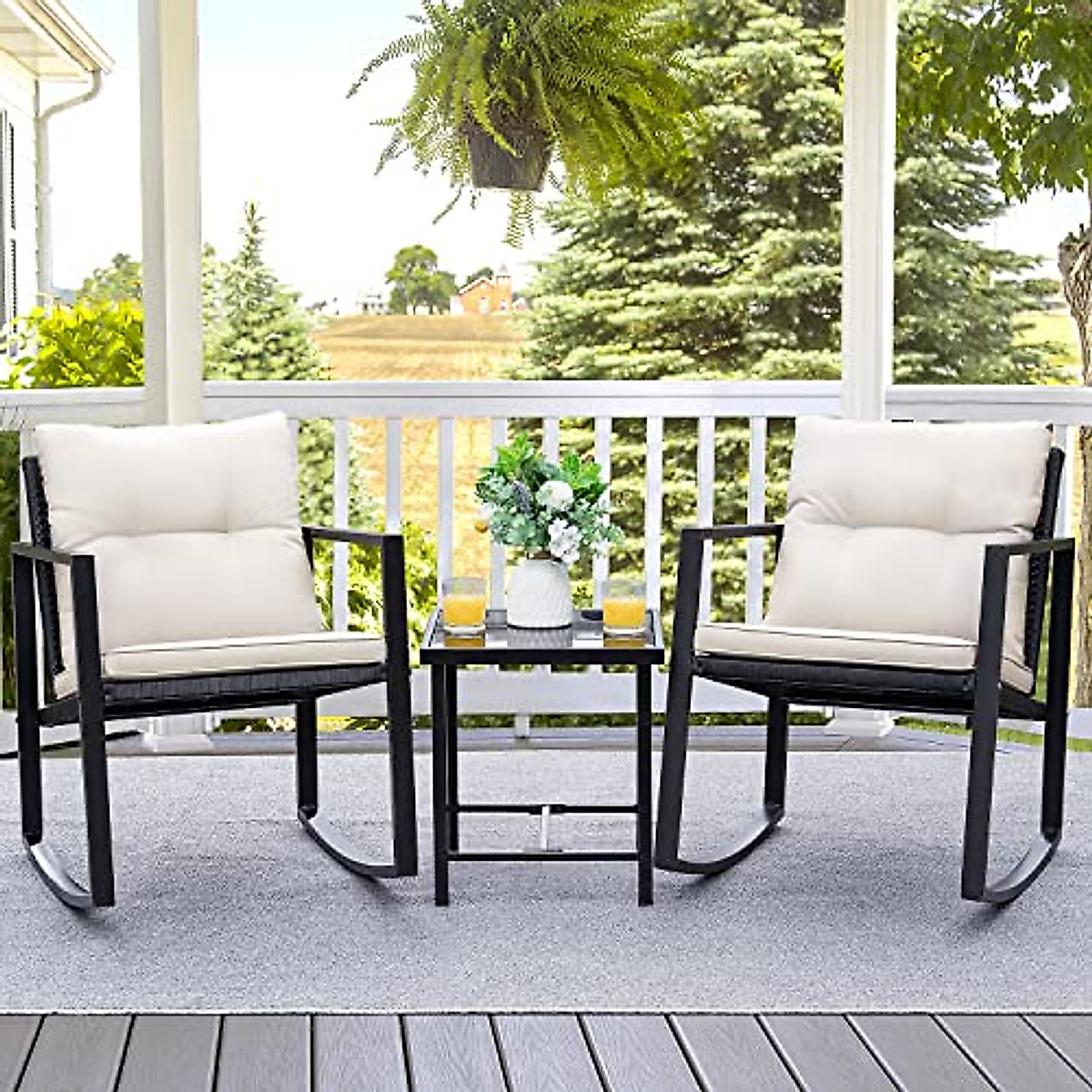 Devoko 3 Piece Rocking Bistro Set Wicker Patio Outdoor Furniture Porch Chairs Conversation Sets with Glass Coffee Table (Beige)