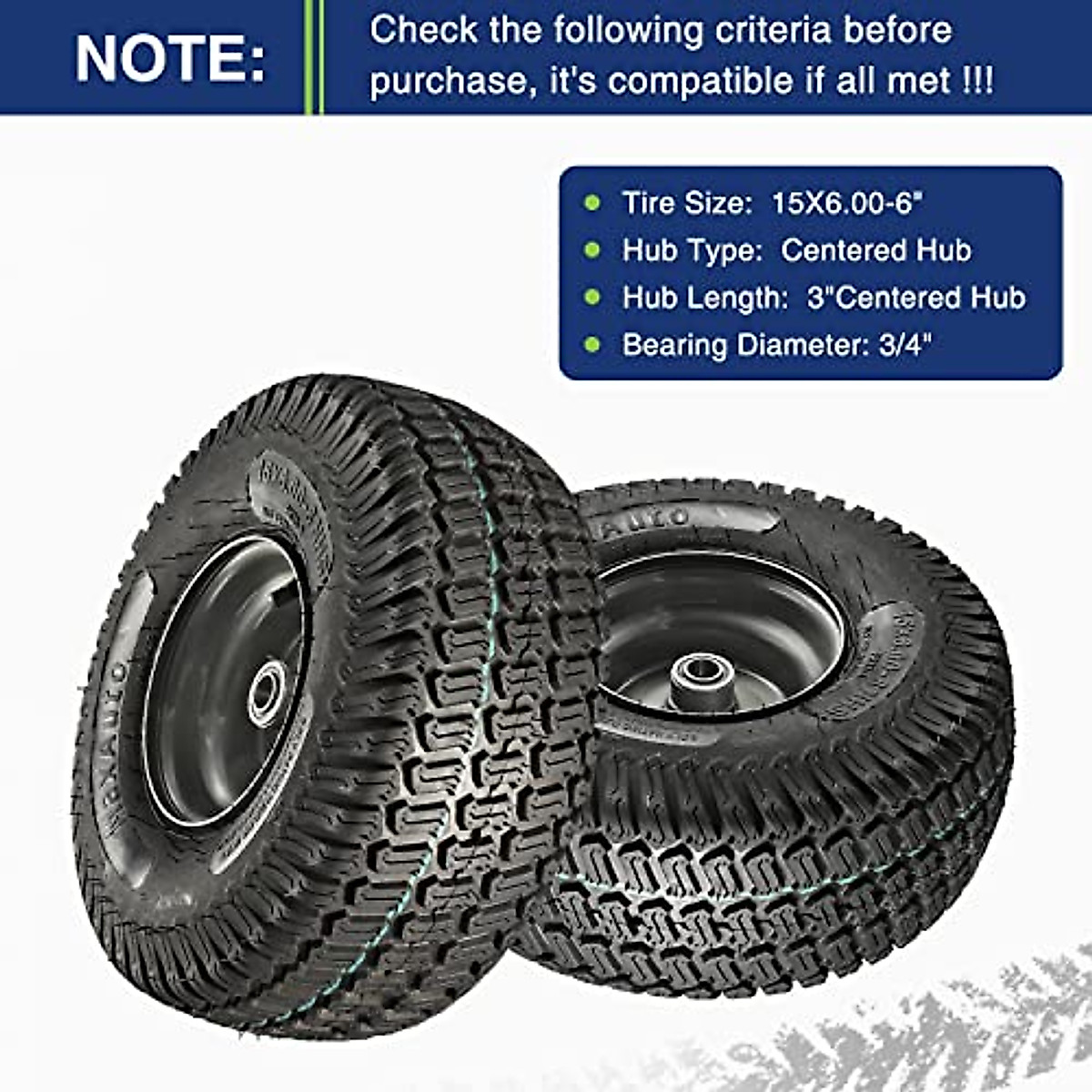 MaxAuto 2Pcs 15X6.00-6 Front Tire and wheel Assembly Replacement for Craftsman John Deere Riding Mowers, 3" Centered Hub with 3/4" Axle Bore,Dark Gray Rim