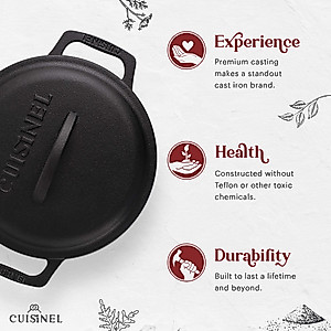 Cuisinel Cast Iron Dutch Oven - 3-Quart Deep Pot + Lid + Pan Scraper + Handle Covers - Large Pre-Seasoned Cooker for Baking Bread, Soup, Frying - Indoor/Outdoor Kitchen, Camping, Fire, BBQ Cookware