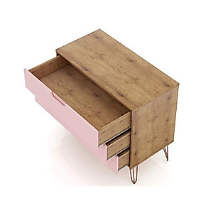 Manhattan Comfort Rockefeller Mid-Century Modern 3-Drawer Bedroom Dresser, Natural, Rose Pink Finish
