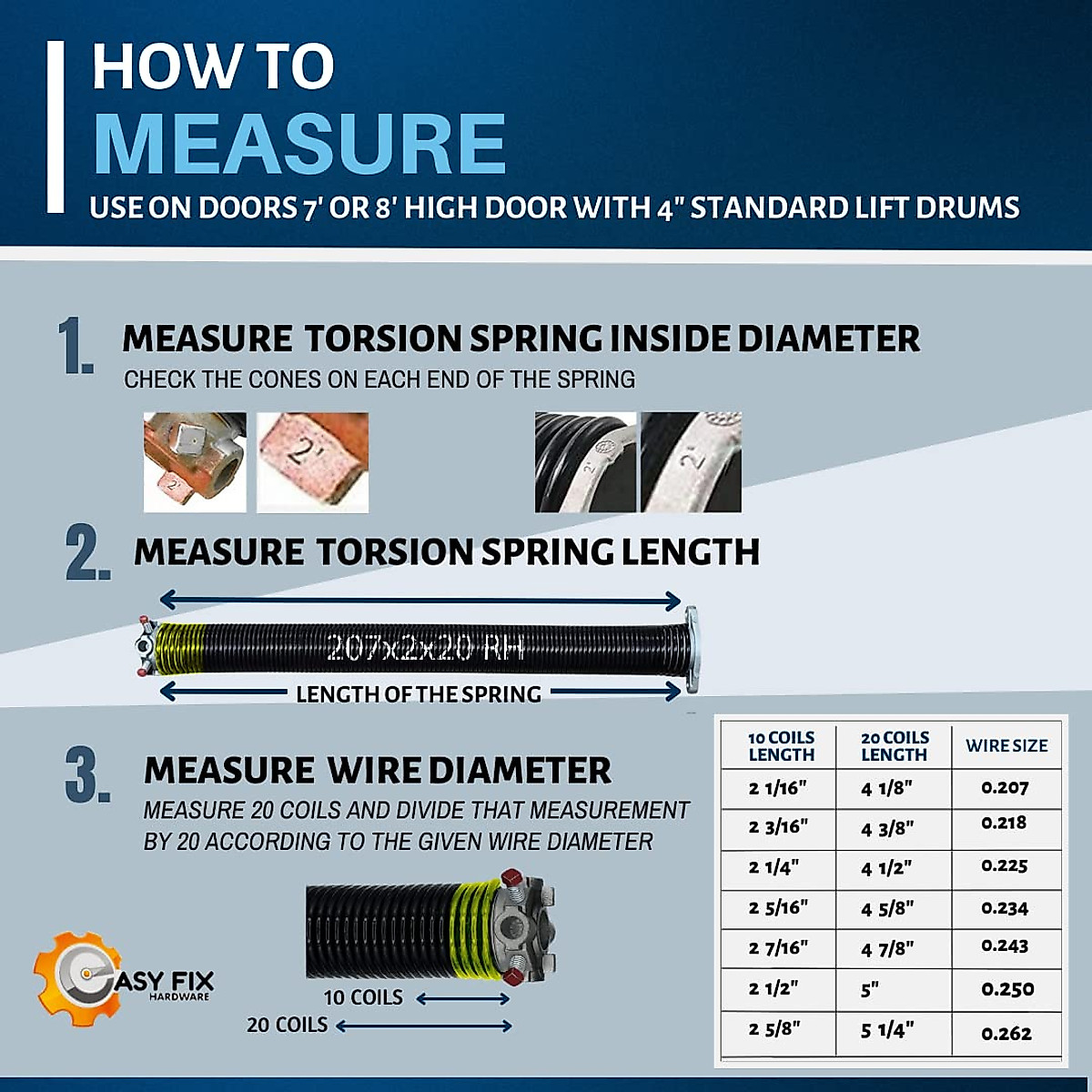 Garage Door Torsion Spring 207x2x20 | Torsion Spring Replacement for Garage Repair | Minimum 16,000 Cycles | Left and Right Hand Wound Replacement with Steel Bearing (Pair) Fix Garage Door 7 + 8 Feet