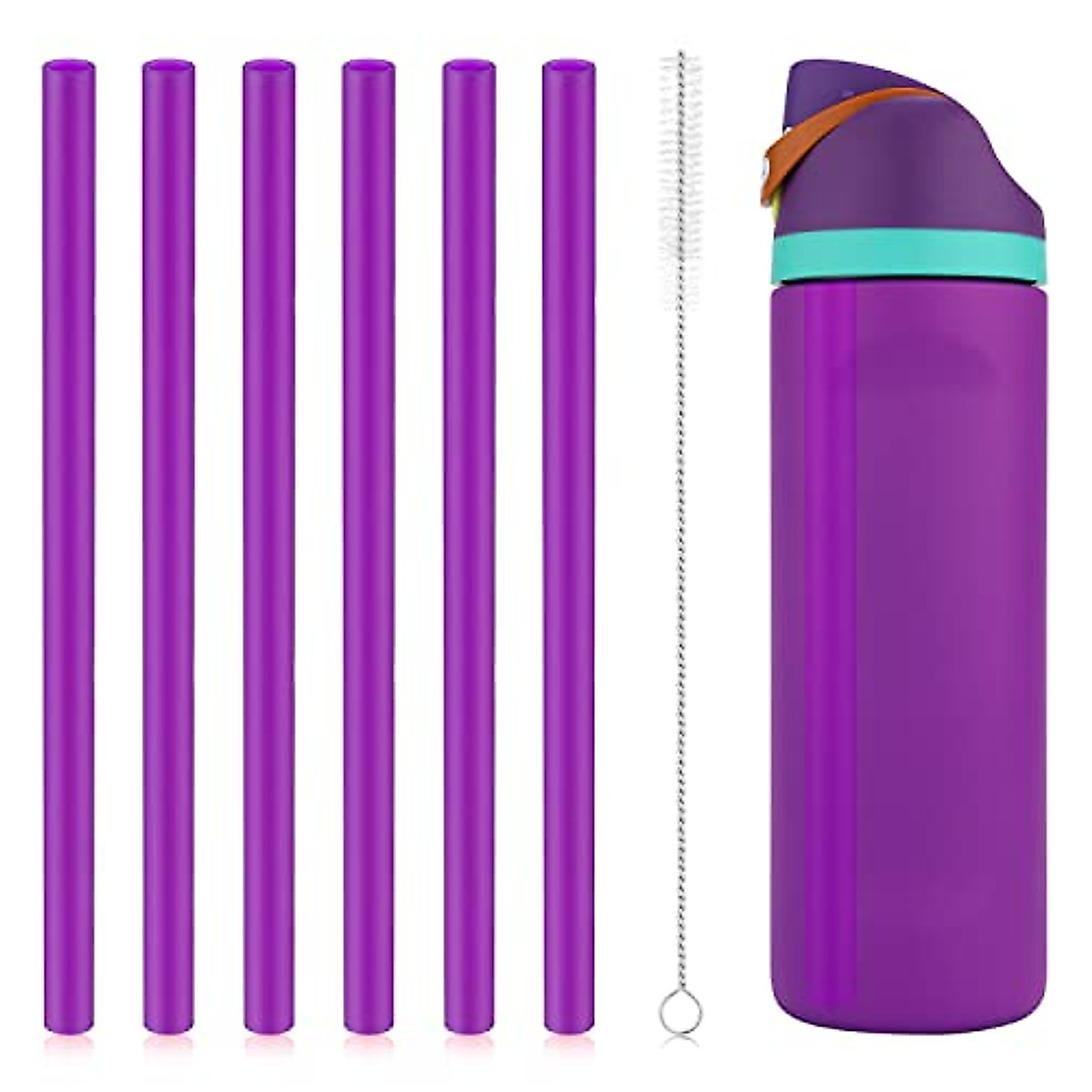 6pcs Replacement Straws for Owala FreeSip 24oz 32oz, Reusable Plastic Straws with Cleaning Brush for Owala Insulated Water Bottle 24 oz 32 oz and Flip 25 oz, Tumbler Accessories (Purple)