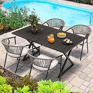 YITAHOME 5 Piece Patio Dining Set, Stackable Chairs with Comfortable Cushions, 59" Rectangle Tables with Metal Frame and Faux Wood Tabletop for Patio Balcony Porch Poolside Lawn Garden, Black & Beige