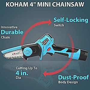 KOHAM 10.8V 4-Inch Cordless Electric Brushless Chainsaw with 2Pcs Rechargeable Batteries, Handheld Portable Electric Saw, Lightweight Cordless Gardening Tool for Wood Branch Cutting