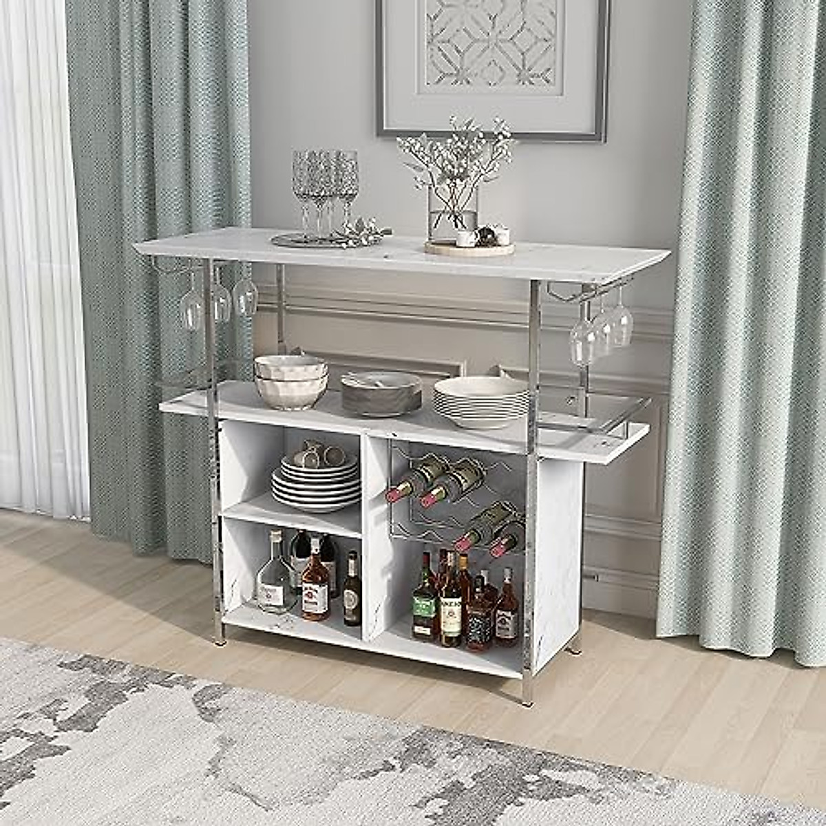 Furniture of America Linda Glam Faux Marble Multi-Storage Bar Table with Comfortable Footrest for Dining Room, Kitchen, White and Chrome