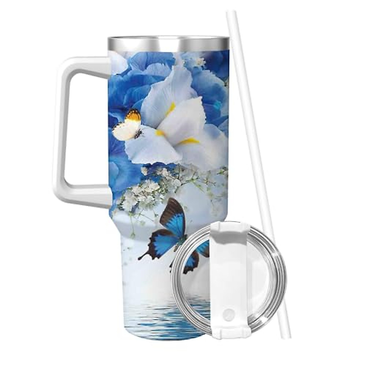 UIANG Floral Stainless Steel Triple Layer Insulated Travel Tumbler with Spill Resistant Lid, Straw, and Carry Handle, BPA Free, 40 oz,Flowers Butterflies Lake Spa,Blue White