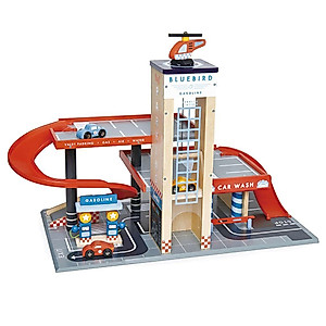 Tender Leaf Toys - Blue Bird Service Station - Classic Wooden Garage and Service Station for Cars and Helicopter with Ramps, Petrol Pumps and Car Wash Center - Imaginary and Roleplay for Children 3+