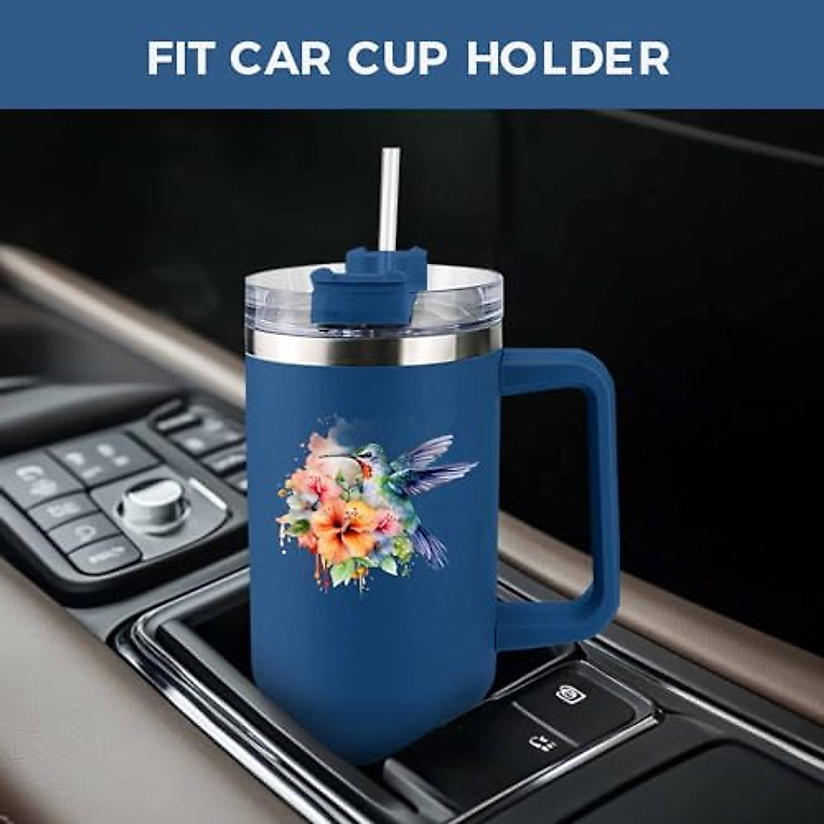 40 ounce insulated cup with handle, double-layer vacuum stainless steel material, equipped with straw, can keep warm or maintain cold drinks Flowers Hummingbird Cowboy Blue