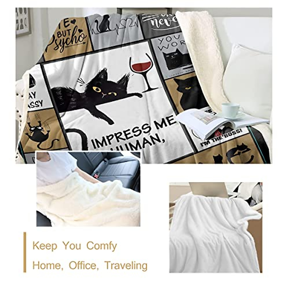 Sleepwish Funny Black Cat Blanket Gifts for Cat Wine Lovers Girl, Black Cat Red Wine Throw Plush Blankets for Adults Women Lightweight Fleece Christmas Blankets for Chair Couch Bed (Throw 50"x60")