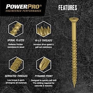 Power Pro Premium One Multi-Material Flat Head Screws, Epoxy Coated Steel, Fasten in Wood, Metal, Concrete, Drywall and Plastic, Bronze, #8 x 2-½ inches, Box of 20 Screws