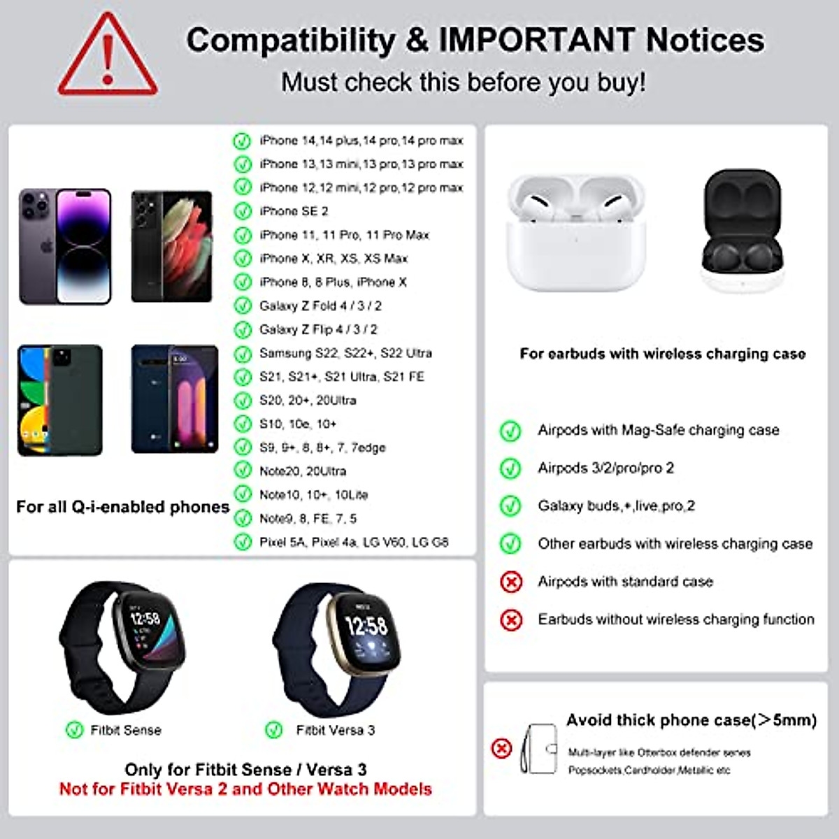 3 in 1 Charging Station for Fitbit Versa 3 Fitbit Sense, Charger Wireless Compatible with iPhone 14/14 Pro Max/13/12/11, for Samsung Galaxy S22 S21 Note20, for AirPods Pro/3, Galaxy Buds 2/Pro