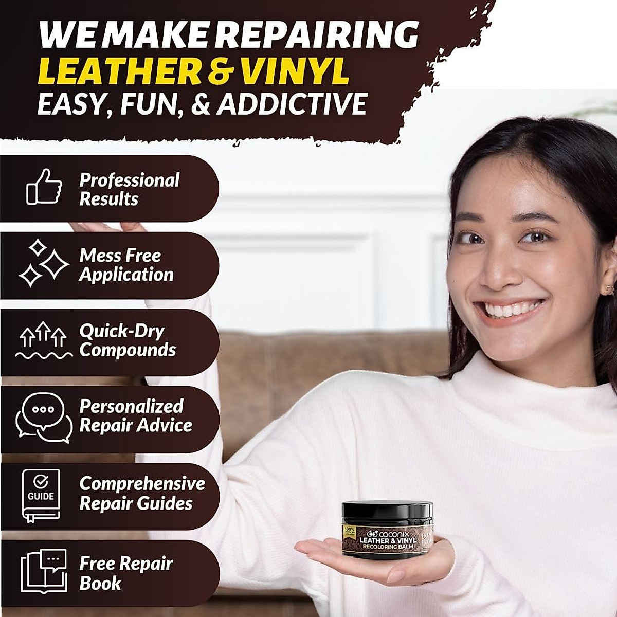 COCONIX Leather Recoloring Balm Dark Brown - Recolor, Renew, Repair & Restore Aged, Faded, Cracked, Peeling and Scuffed Leather & Vinyl Couches, Boat or Car Seats, Furniture 8 oz