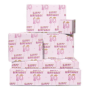 CENTRAL 23 Happy Birthday Wrapping Paper - 10 Year Old - 6 Sheets Pink Wrapping Paper - Girls Birthday Wrapping Paper - 10th Birthday - Comes With Stickers - Recyclable