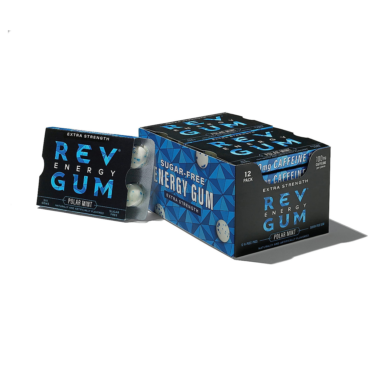 Rev Gum Caffeine Energy Gum | Extra Strength 100mg of Caffeine per Gem | Polar Mint Sugar Free Caffeine Gum - Low Calorie Chews to Help You Stay Alert, Awake and Focused - Mint Chewing Gum - 12 Packs