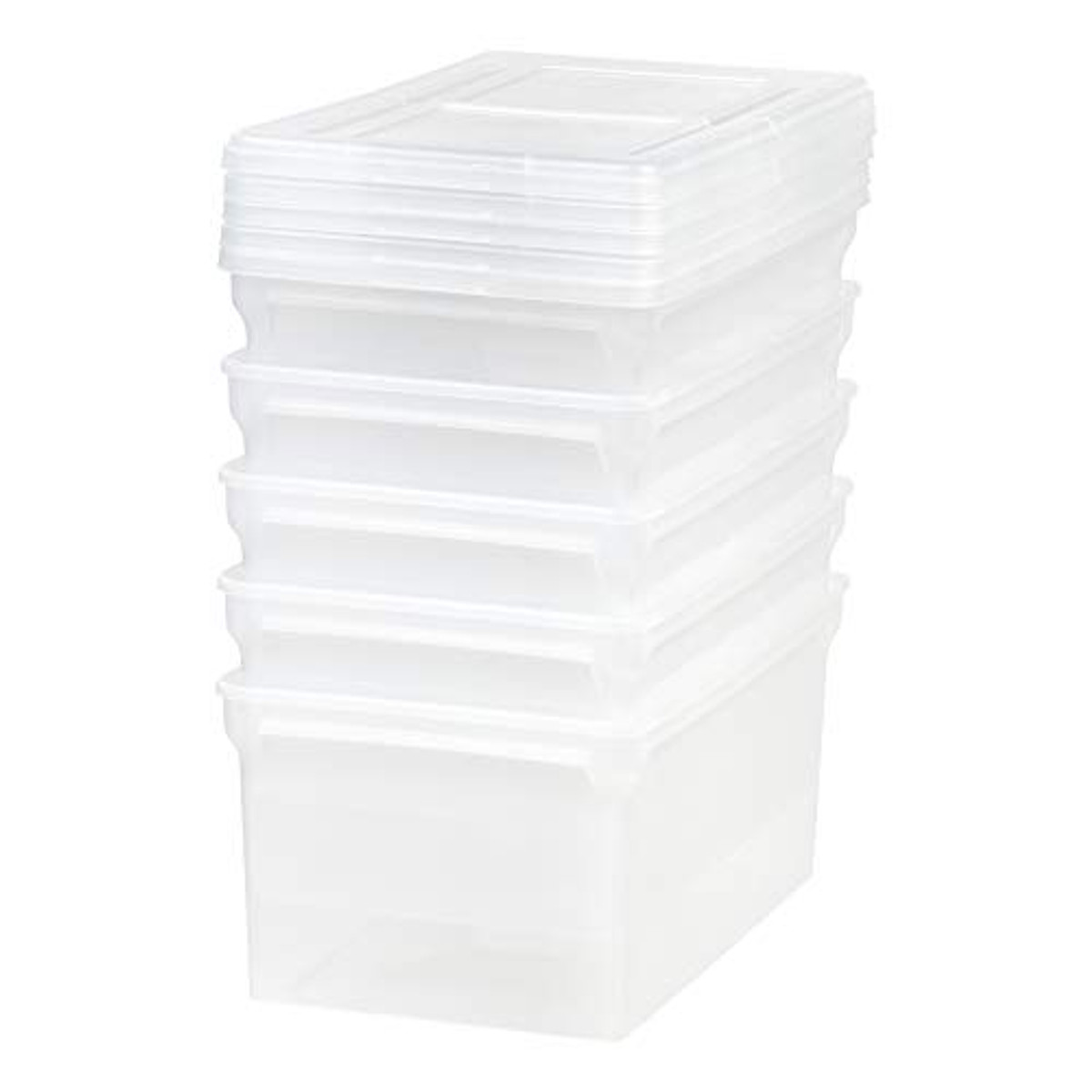 IRIS USA Letter/Legal File Tote Box, 5 Pack, BPA-Free Plastic Storage Bin Tote Organizer with Durable and Secure Hinged Latching Lid, Stackable and Nestable, Clear