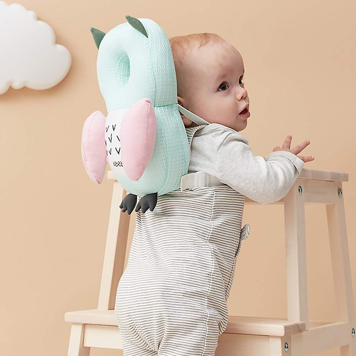 Bebamour Baby Walkers Head Protector Toddler Adjustable Baby Safety Pad Backpack Wear for Crawling with Safety Leash (New White, Cow)