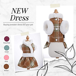 Dog Sweaters for Small Dogs Girl Dog Dress Sweater Winter Puppy Clothes Cold Weather Dog Coat Fleece Warm Pet Outfit Skirt for Chihuahua Yorkie Teacup Plaid Cat Apparel (XX-Small, Brown)