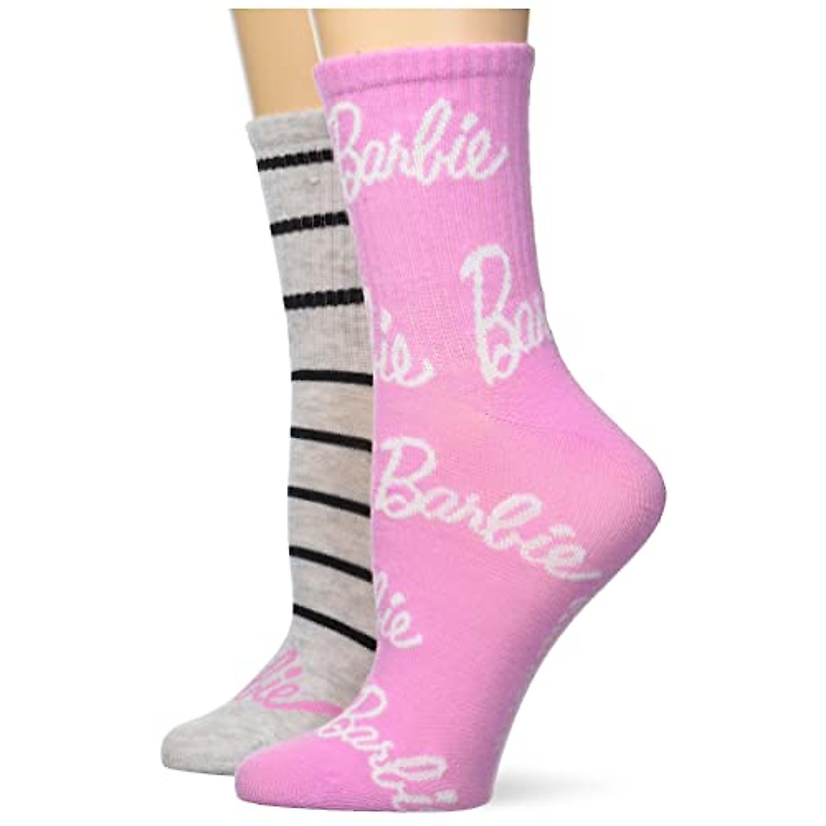 Barbie Women's 2 Pack Mid Crew Socks, Pink Grey Multi, 9-11