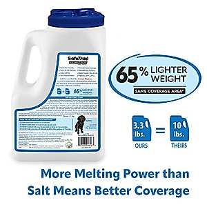 SafeTrac Ice Melt Plus, Lightweight Pet Safe Ice Melt for Snow, Pet Friendly Non Corrosive Ice Melter for Driveway and Sidewalk, Eco Friendly Ice Melt, Comparable Coverage to 10 Lb Jug (3 Pack)