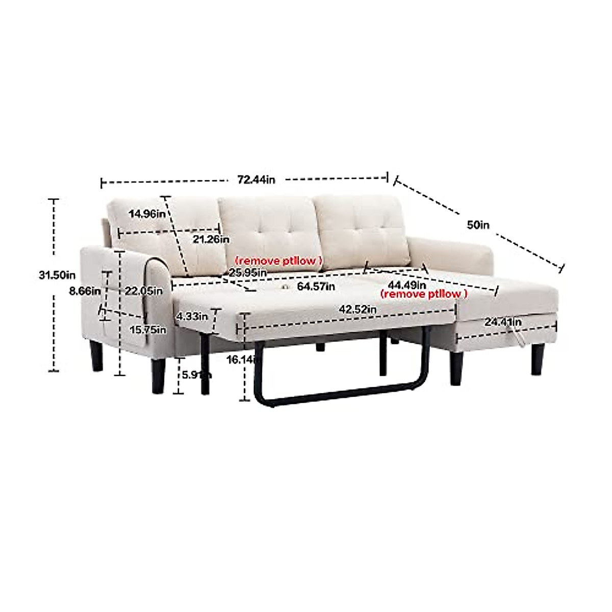 PEIHONGET Sectional Sleeper Sofa with Pull Out Bed, 3-Seater Sofa Couch with Storage Modern L-Shaped Sofa Bed with Chaise Lounge for Small Spaces, Living Room(Beige+Polyester)
