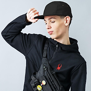 The Hat Depot Made in USA 5 Panel Genuine Leather Brass Closure Flat Brim Biker Cap (Black)