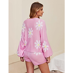 Ekouaer Knit Pajamas Set for Women Lounge Sets Long Sleeve Sweatsuit Matching 2 Piece Outfits Cute Sweater Sets Floral Pink M