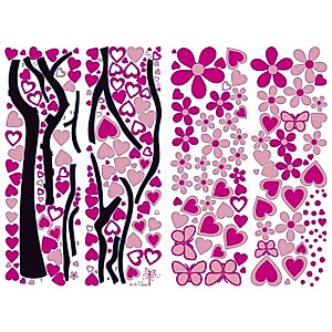 RW-1306 Creative Pink Flowers Tree Wall Decals Peach Blossom Love Heart Wall Stickers DIY Removable Cherry Floral Butterfly Dot Wall Decor for Girls Women Bedroom Living Room Nursery Office Decoration