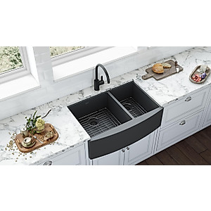 Ruvati 33-inch Gunmetal Black Stainless Steel 60/40 Double Bowl Apron-Front Farmhouse Kitchen Sink - RVH9742BL