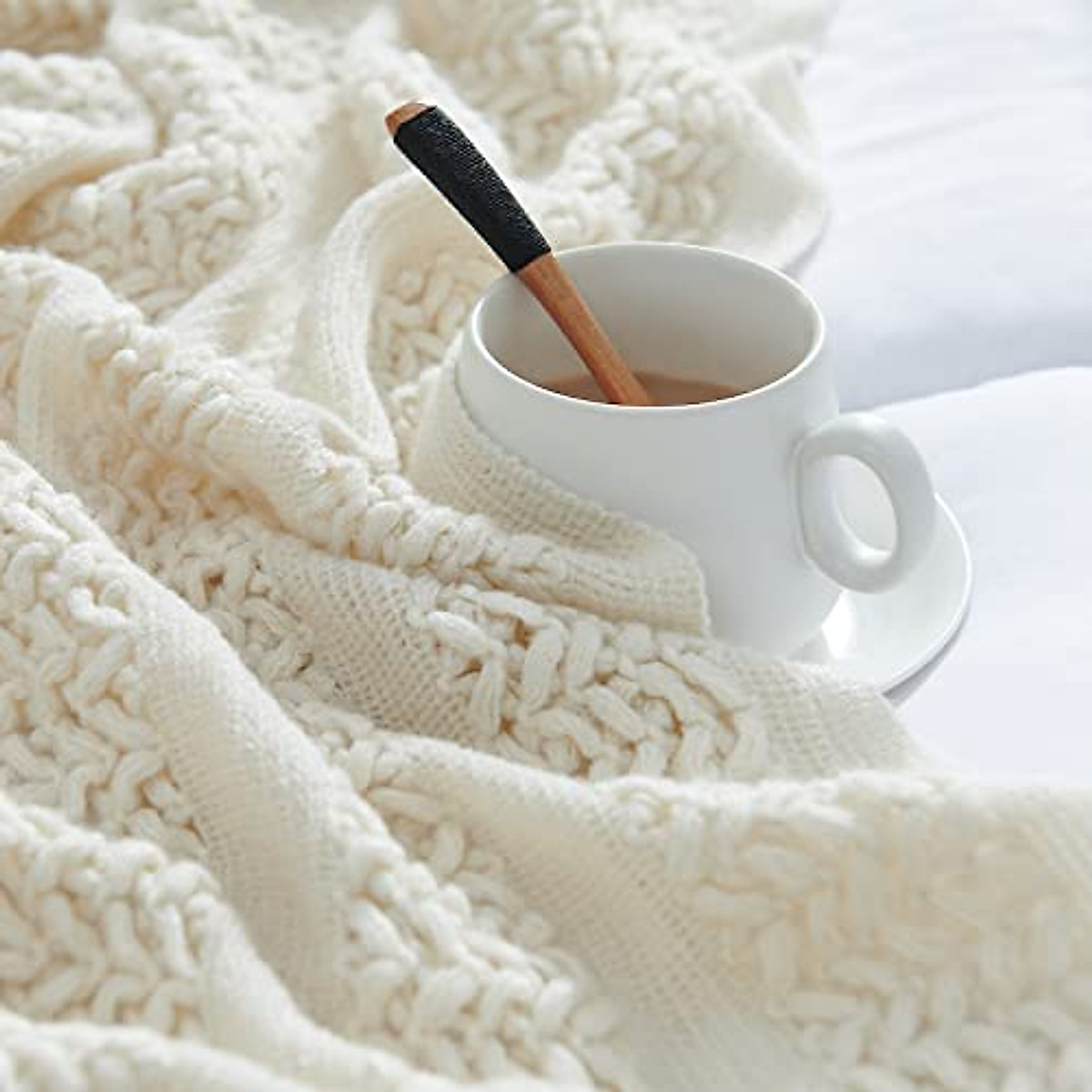 jinchan Knit Throw Blanket Ivory Soft Couch Throw Blanket with Tassels Spring Bed Throw Blanket Indoor Outdoor Travel Warm Coverlet for Sofa Comforter Living Room Decor Nursery Gift 50 x 60 inch