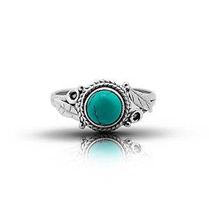 Koral Jewelry Synthetic Turquoise Feathers Sides Round Stone Ring 925 Sterling Silver Vintage Tribal Gypsy Boho Look US Size 6 7 8 9 (9)