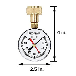 Reotemp PD25H 2.5" Home Water Pressure Test Gauge with Max Pointer, 0-160 PSI, 3/4" Female Garden Hose Thread, Hose Bib Gauge