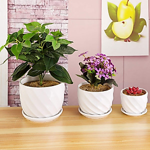 YINGERHUAN Set of 3 Ceramic Plant Pot - Flower Plant Pots Indoor with Saucers,Small to Medium Sized Round Modern Ceramic Garden Flower Pots (White)