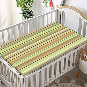 Striped Themed Fitted Mini Crib Sheets,Portable Mini Crib Sheets Soft and Breathable Bed Sheets-Baby Crib Sheets for Girl or Boy,24“ x38“,Pistachio Green Tan Orange