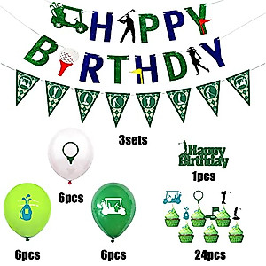 45PCS Golf Birthday Party Supplies with Happy Birthday Banner, Golf Themed Cake Topper and Cupcake Toppers, 12-inch Latex Balloons with Golfing Patterns and Golf Pennant for Golf Themed Party Decorations
