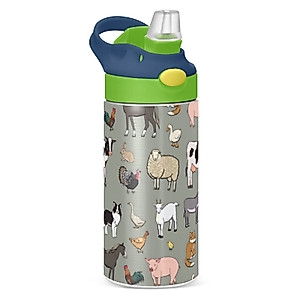 JUMBEAR Farm Animal Water Bottle with Straw Lid, Leakproof Double Walled Vacuum Insulated Stainless Steel Thermo Flask Travel Tumbler for Kids, Boys, Girls
