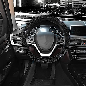 Valleycomfy Steering Wheel Cover for Women Men Bling Bling Crystal Diamond Sparkling Car SUV Wheel Protector Universal Fit 15 Inch (Black with Black Diamond, Standard Size(14" 1/2-15" 1/4))