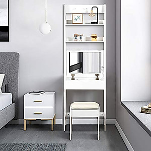 CHARMAID 3-in-1 Vanity Set with Flip Top Mirror, 6 Makeup Organizers, 2 Storage Shelves, 3 Hat Hooks Vanity Table Desk Bookshelf with Cushioned Stool, Ladder Desk Makeup Vanity for Small Spaces, White